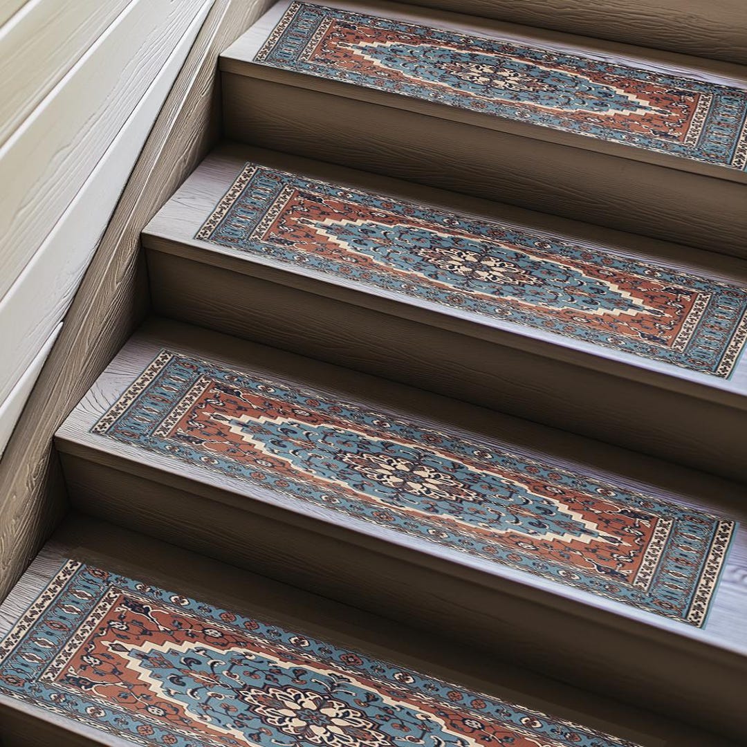 Rust Blue Medallion Step Mats, Washable Boho Stair Rug, 1084 - Etsy