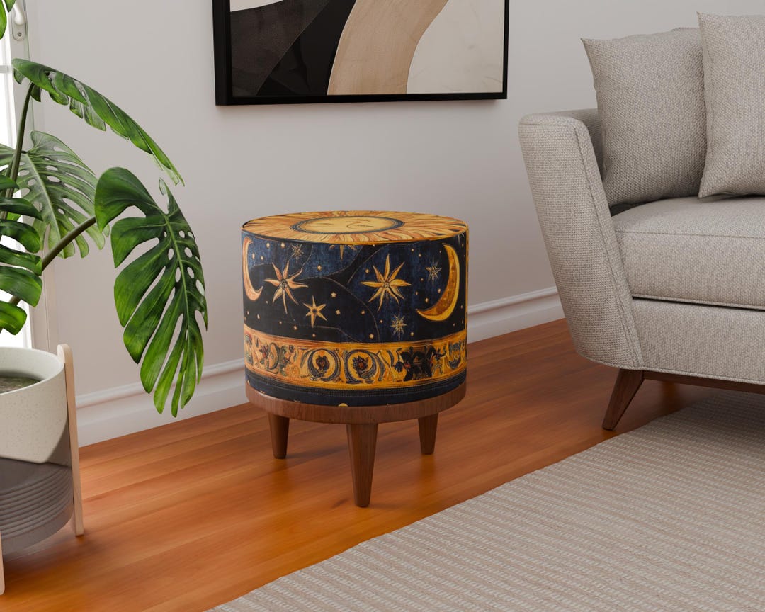 Face Figured Bench, Victorian Style Pouf, Navy Blue Stool, Utility ...