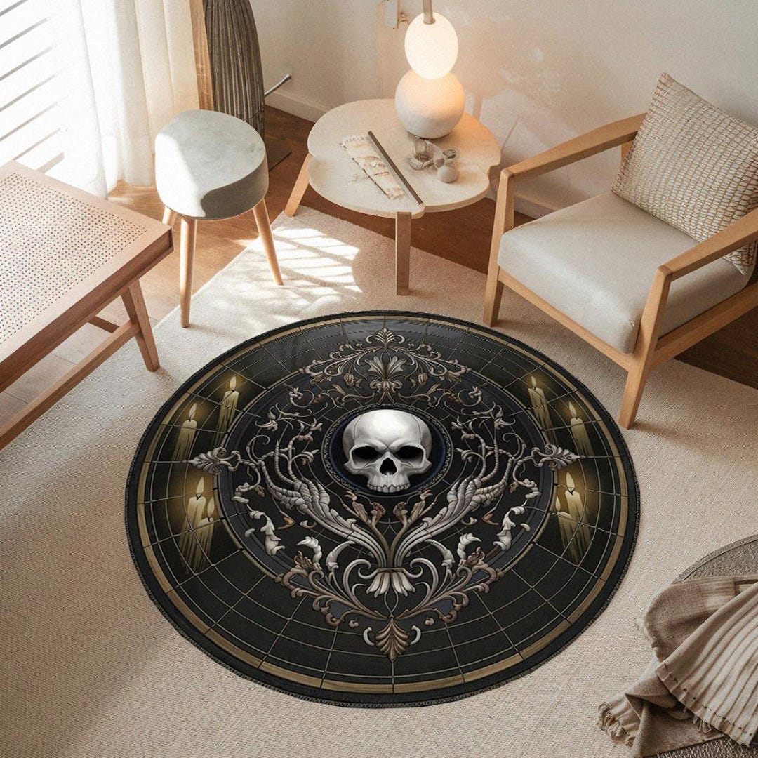 Dark Printed Round Rug, Skull and Ornate Design Rug, Stylish Area Rug ...
