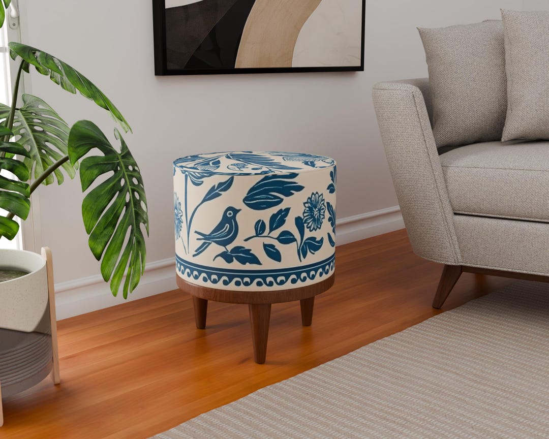 Round Ottoman Bench, Floral Patterned Bench, Contemporary Bench, Bench ...