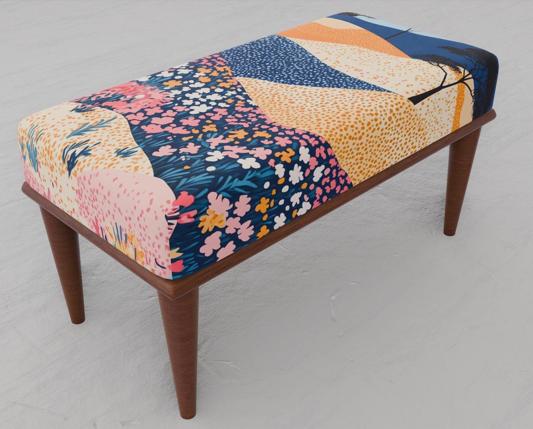 Floral Bench, Upholstered Bench, Retro Seating, Small Wood Bench ...