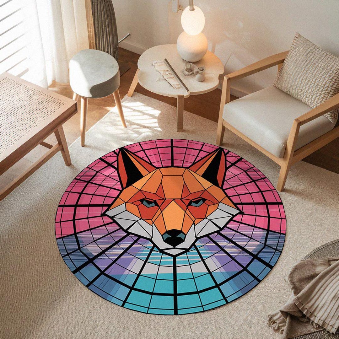 Geometric Fox Rug – Modern Round Animal Carpet – Polygonal Fox Mat for ...