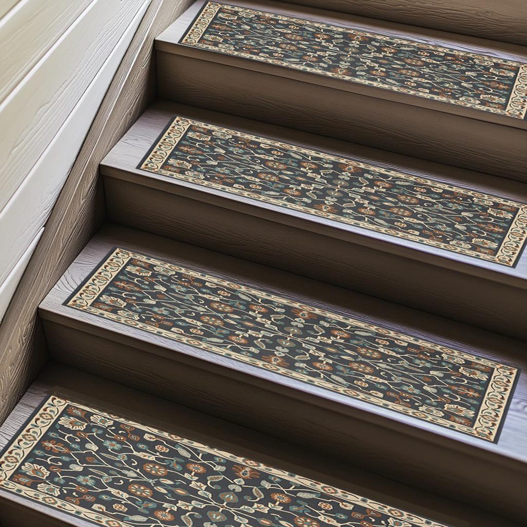 Dark Grey Rust Floral Vine Stair Treads, Vintage Botanical Step Runners ...