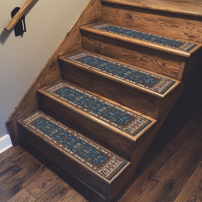 Durable Blue Turkish Home Stair Rugs, Aesthetic Anatolian Patterned ...