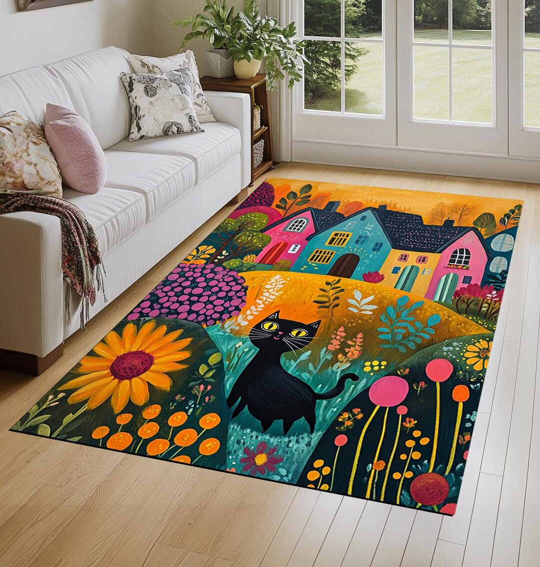 Black Cat Print Rug, Washable Non-slip Floral Area Rug, Colorful ...