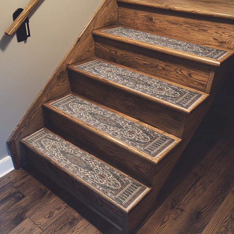 Traditional Aesthetic Step Mat, Tan & Blue Vintage Design Stair Carpets ...