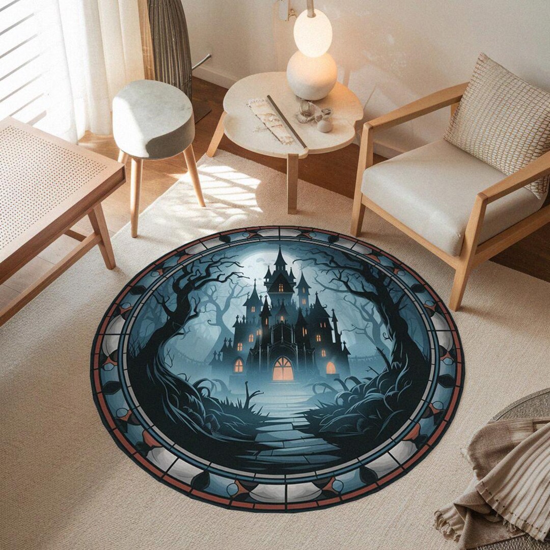 Gothic Haunted Castle Rug – Spooky Round Halloween Rug – Dark Forest ...