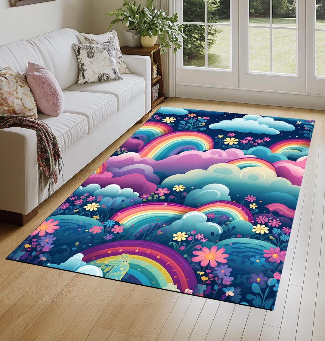 Rainbow Printed Rug, Lovely Decoration Rug, Bright Color Rug, Floor ...