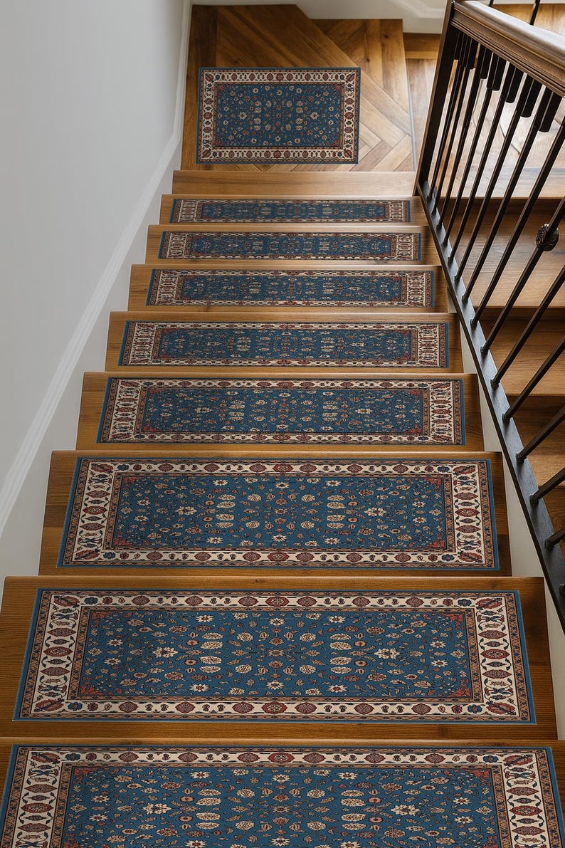 Durable Blue Turkish Home Stair Rugs, Aesthetic Anatolian Patterned ...