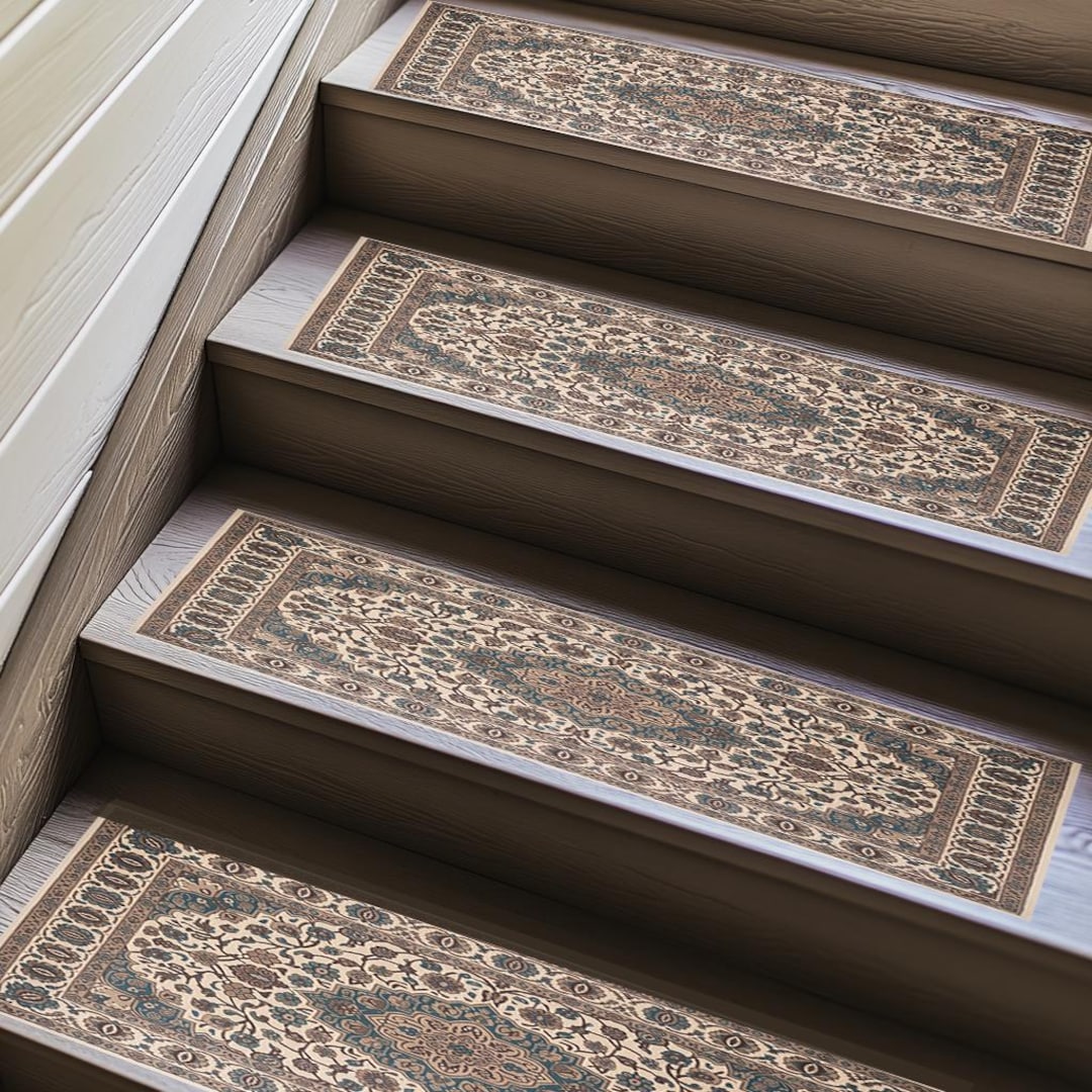 Traditional Aesthetic Step Mat, Tan & Blue Vintage Design Stair Carpets ...