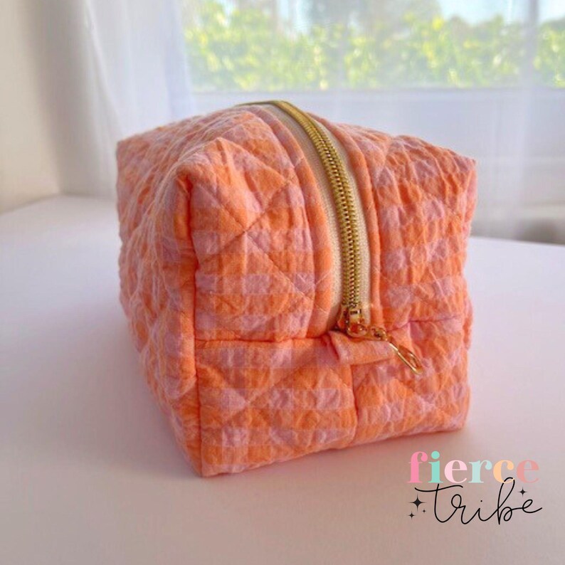 Quilted Boxy Pouch Waffle Peach Gingham Cosmetic Bag Toiletry Bag Makeup Bag Australian Handmade ...