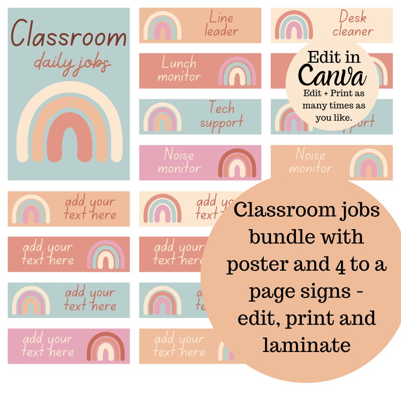 Boho Rainbow Classroom Decor Bundle Canva Editable Templates - Etsy ...