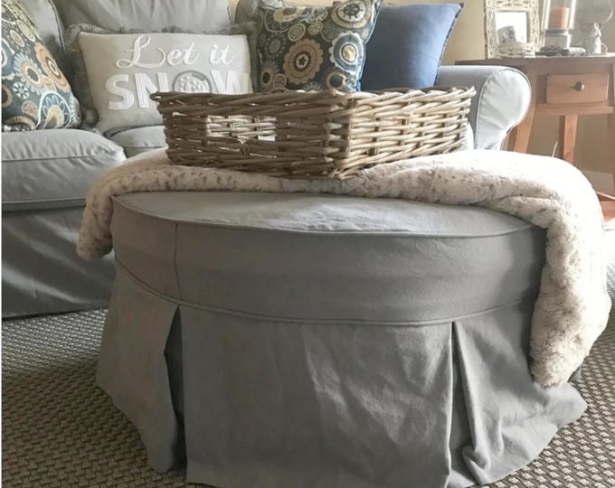 Round Ottoman Slipcover With Welt Cord and Pleats, Custom Round Ottoman ...