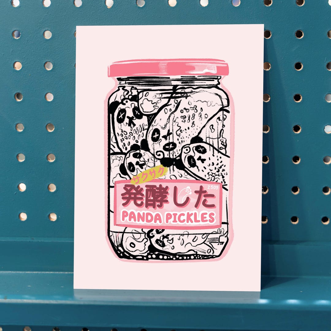Kawaii Panda Pickles Art Print: Cute Japanese-inspired Wall Illustration With Kanji - Etsy