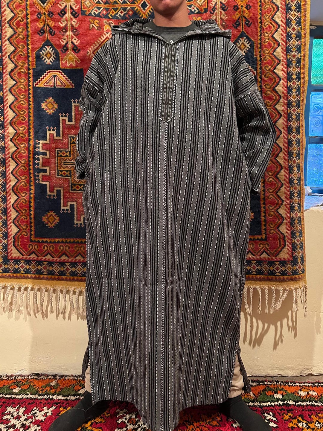 Chilaba De Hombre De Lana a Gray Stripes, Hecha a Mano. Djellaba ...