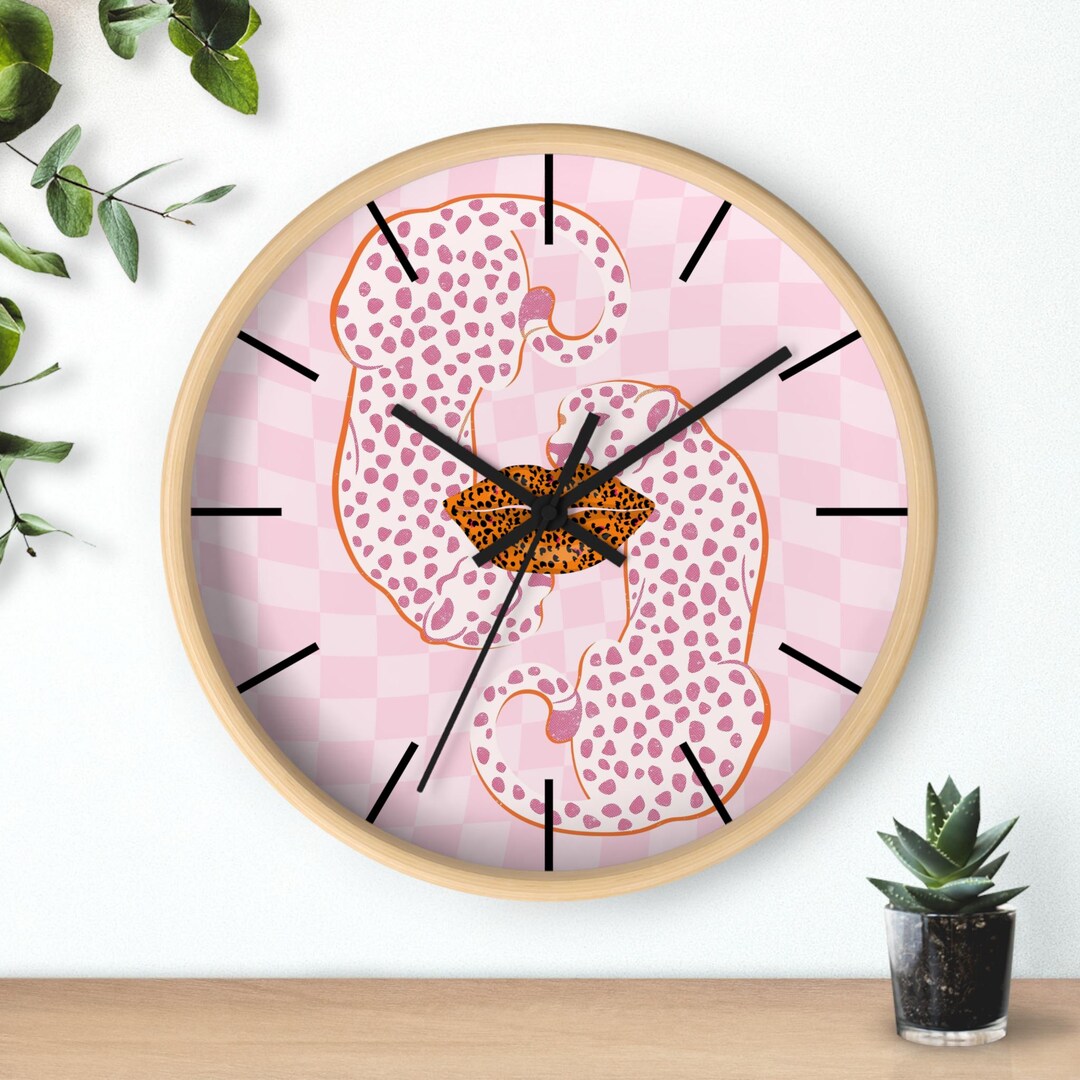 Pink Aesthetic Wall Clock, Retro Cheetah Disco Bathroom Decor, Orange ...