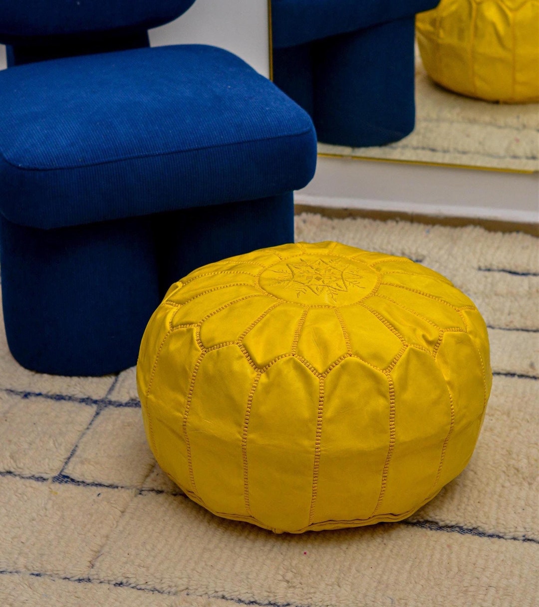 Yellow Leather Pouf, Yellow Moroccan Pouf, Yellow Decorative Pouf ...