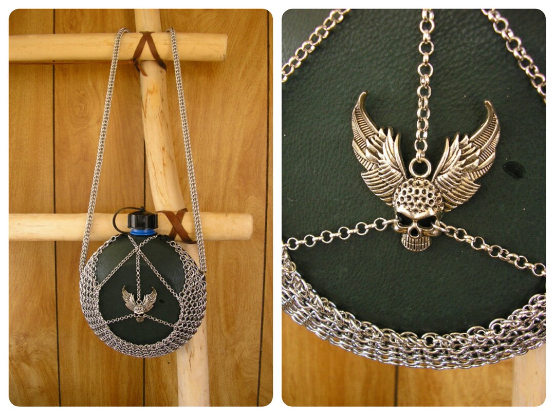 Winged Skull & Chainmail Canteen, Wrapped in Green Deerskin Leather, 32 ...