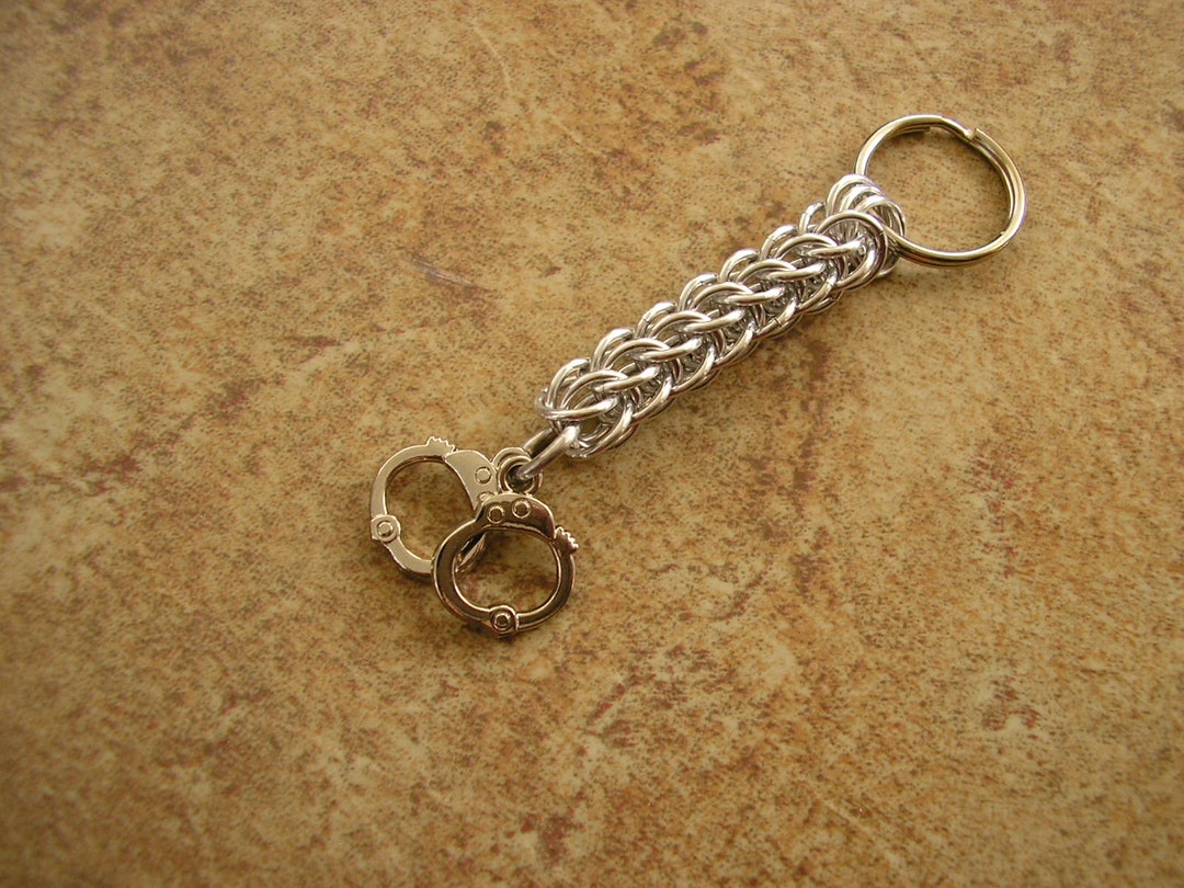 Handcuffs chainmail keychain, 2.75 long with a 3/4 keyring, charm is 1/ ...