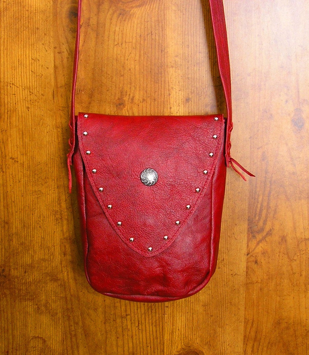 Chinese-red Leather Purse With Studs and Large Metal Button. 9.5 X 7 X ...