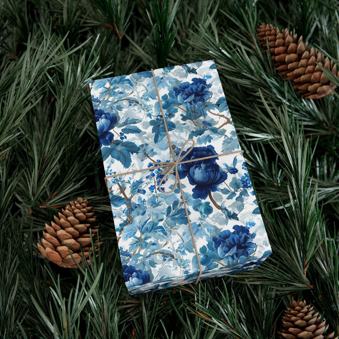 Blue French Toile Christmas Wrapping Paper, Flower Art Nouveau Design ...