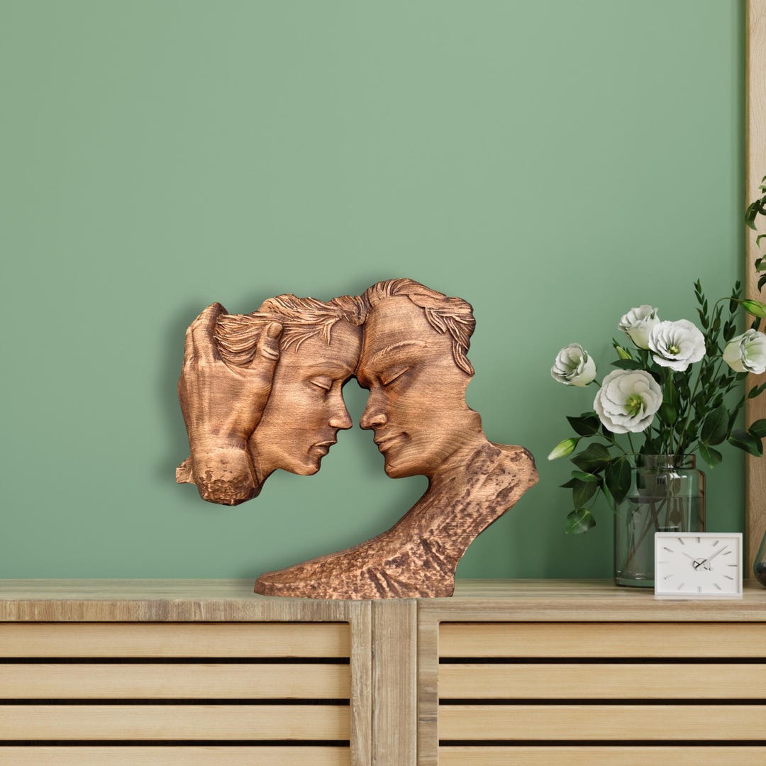 Romantic Couple Figures Wood Carving - 3D Drunk in Love Home Decor ...