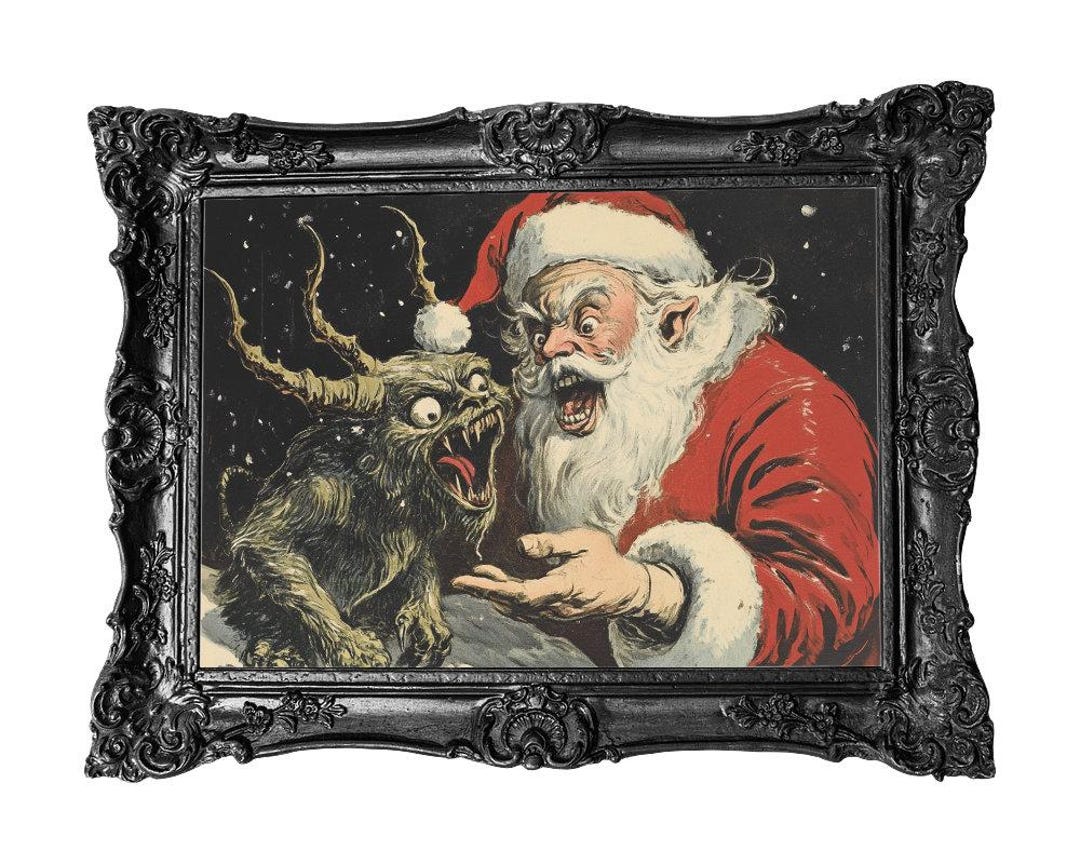 Santa and Small Krampus Demon - Festive Wall Art - Holiday Decor - Etsy