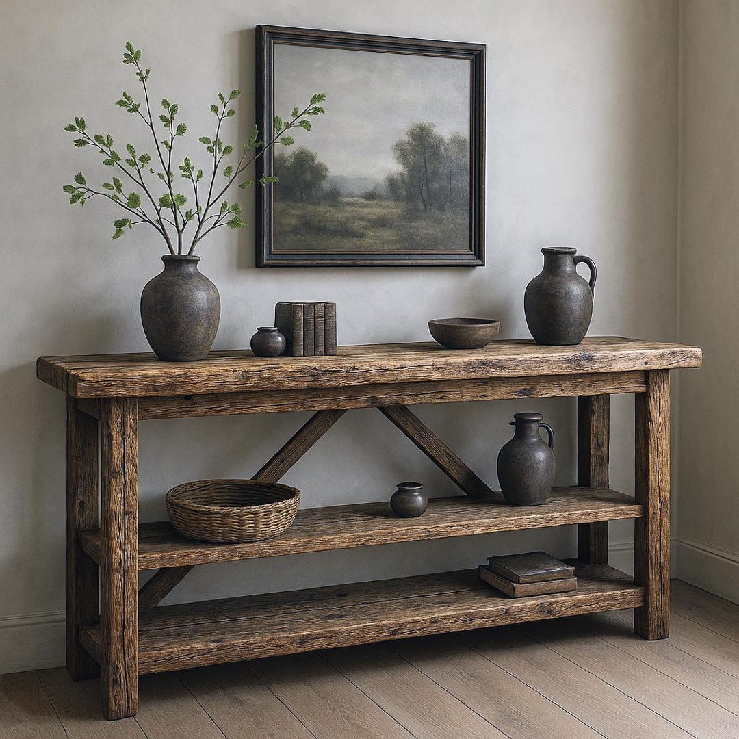 Rustic Solid Wood Console Table With Double Shelf – Handmade Narrow ...