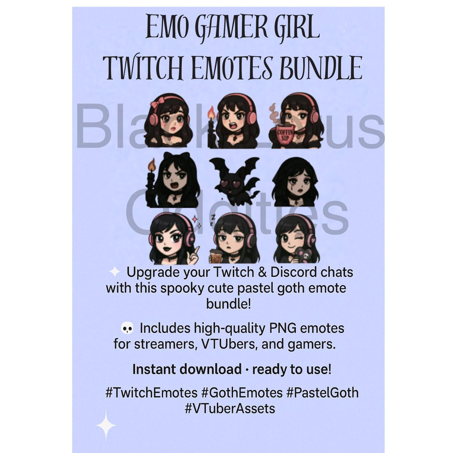 Emo Gamer Girl Emotes: Kawaii Goth Twitch & Discord Icons (digital ...