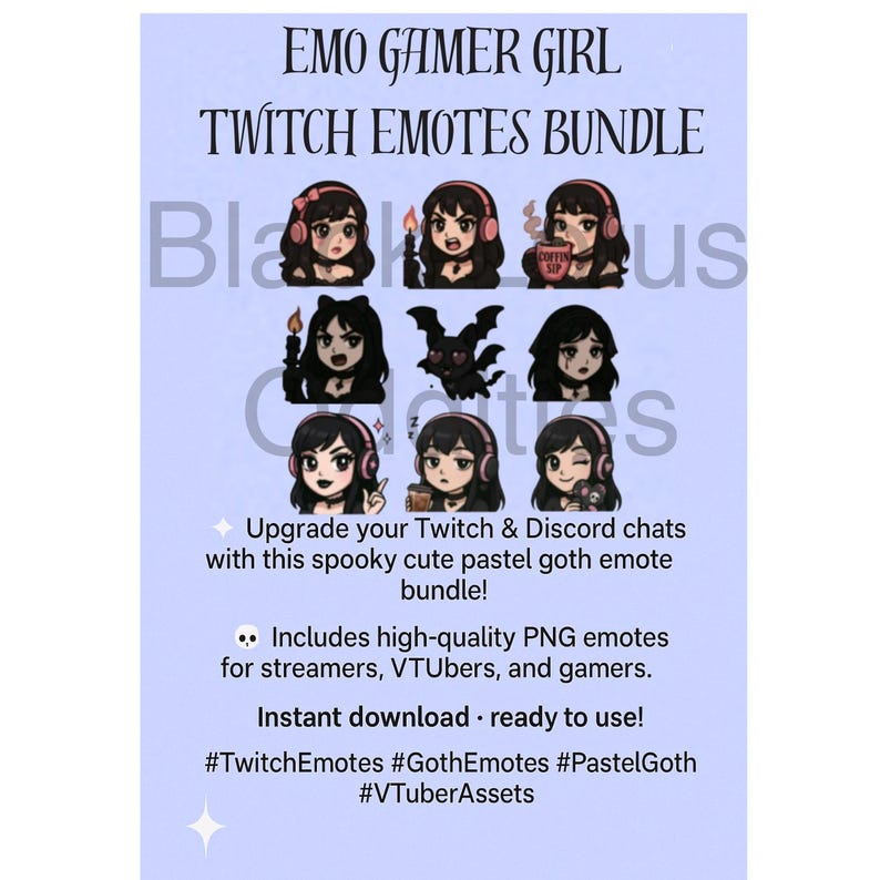 Emo Gamer Girl Emotes: Kawaii Goth Twitch & Discord Icons (digital ...