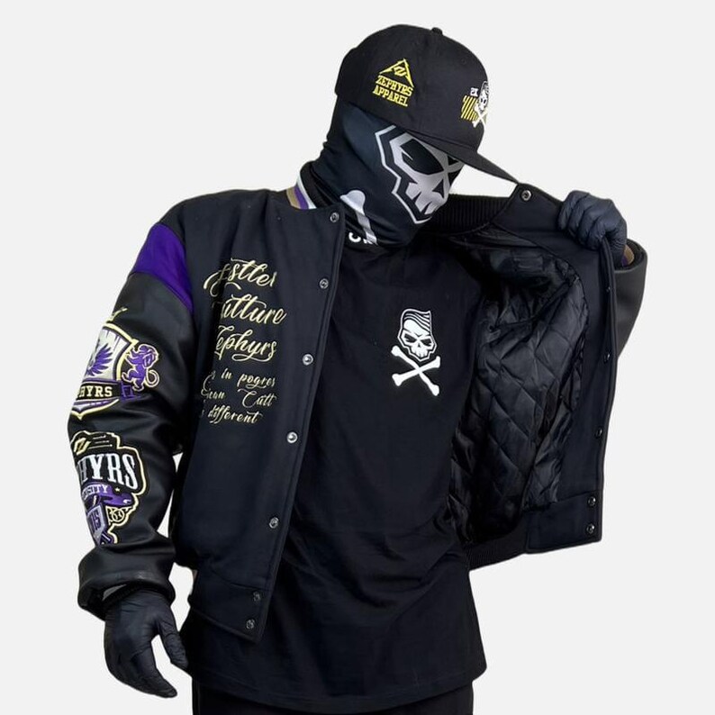 Varsity Jacket Zephyrs Black Skull Full Embroidery, Bomber Jacket ...