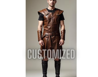 Men's Leather Brown Armor and Kilt - Genuine Leather Medieval Armor ...