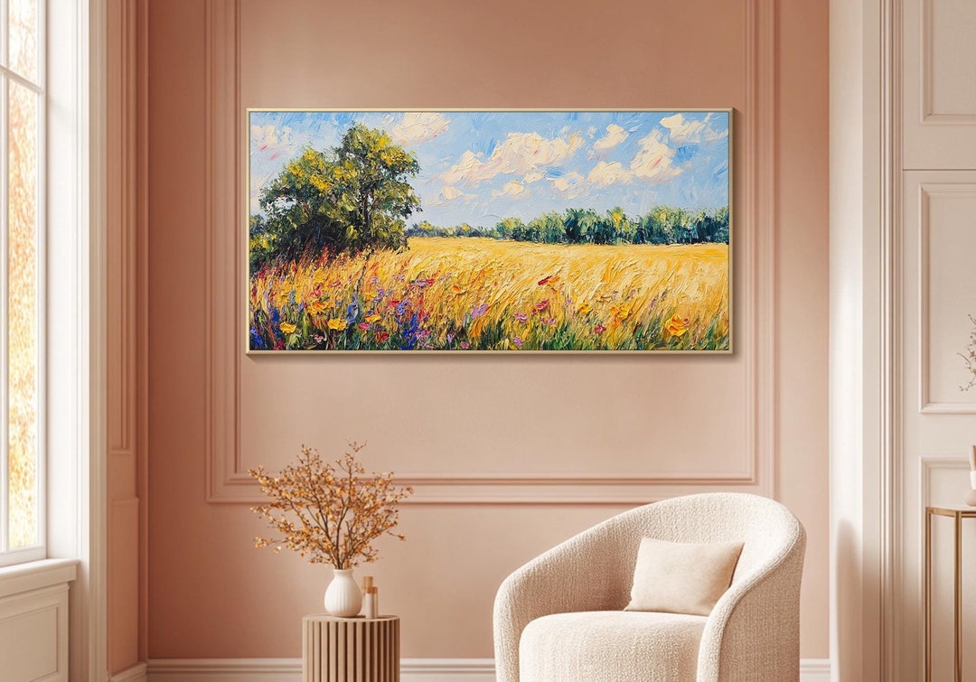 Original Wheat Field Oil Painting Golden Wall Art Wildflowers Artwork ...
