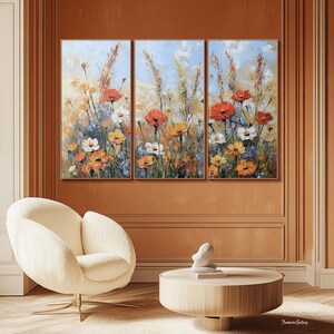 Floral Triptych Oil Painting Abstract Wildflower Wall Art Large ...
