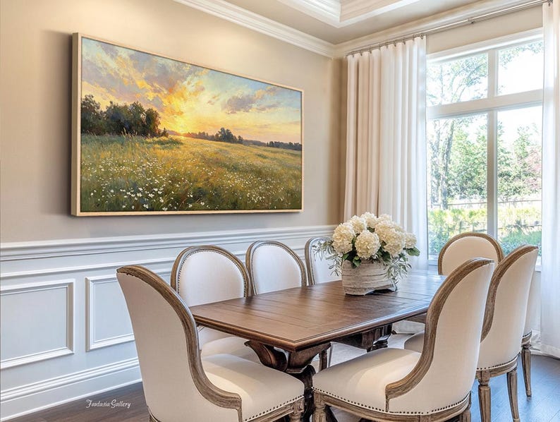 Original Meadow Oil Painting Sunset Field Landscape Wall Art Farmhouse ...