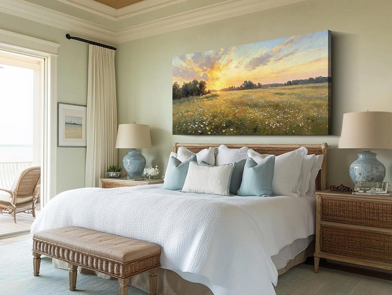 Original Meadow Oil Painting Sunset Field Landscape Wall Art Farmhouse ...