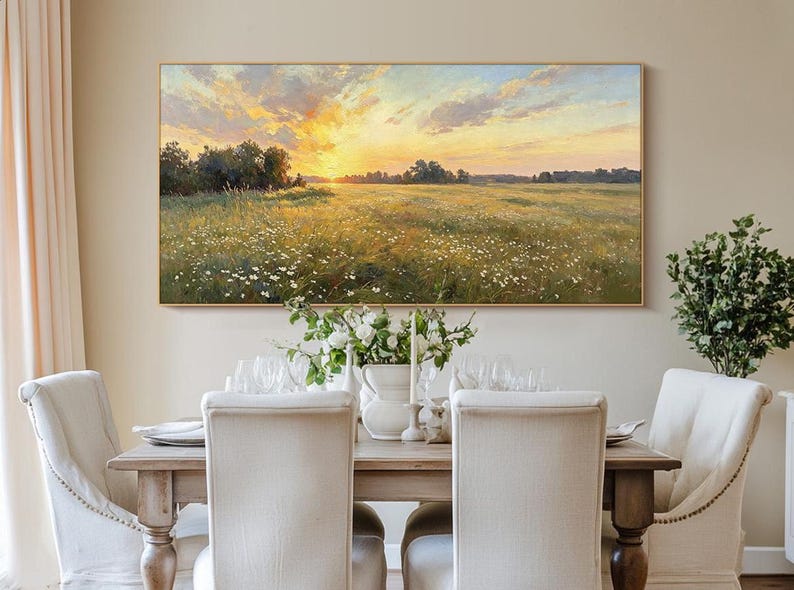 Original Meadow Oil Painting Sunset Field Landscape Wall Art Farmhouse ...