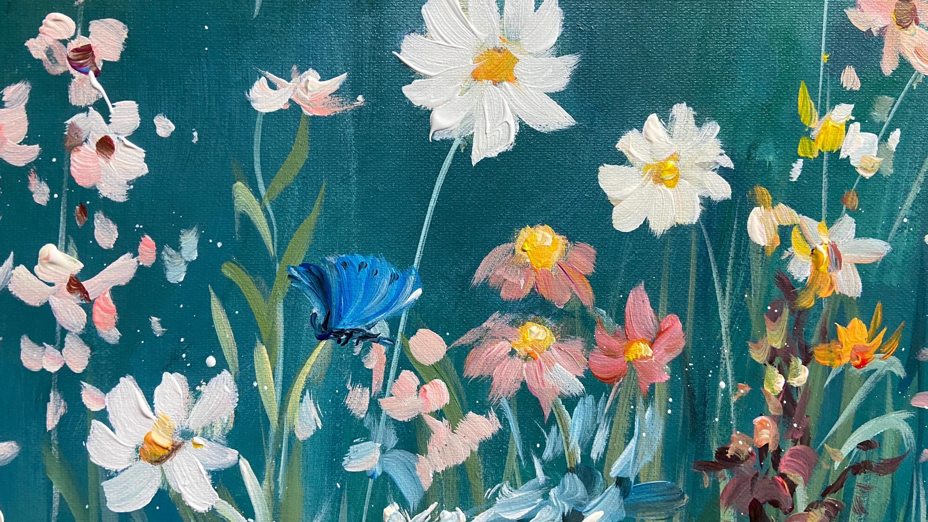 Green Botanical Floral Oil Painting Wildflower Field Wall Art Large ...