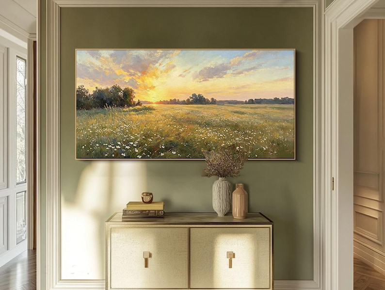 Original Meadow Oil Painting Sunset Field Landscape Wall Art Farmhouse ...