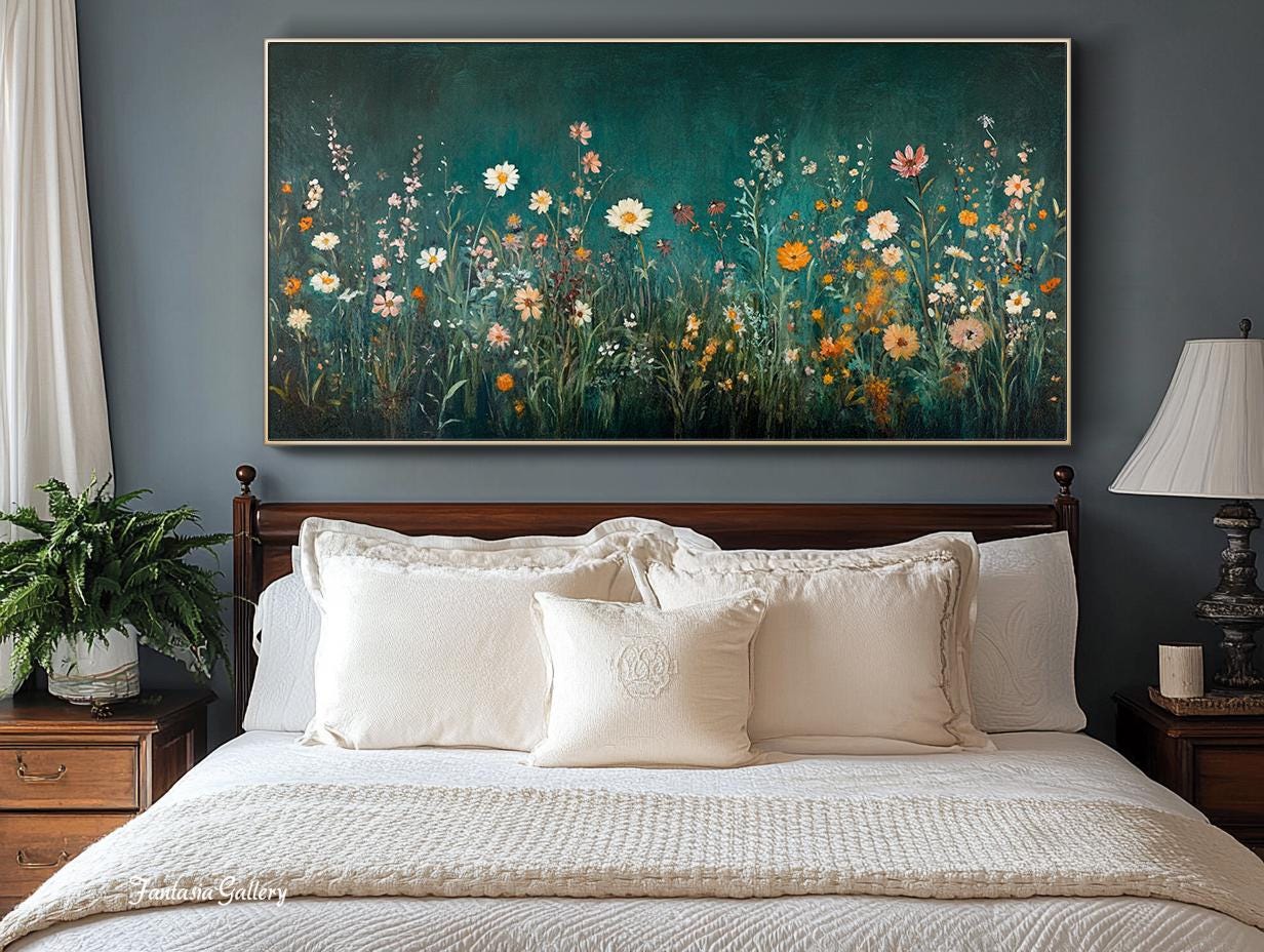 Green Botanical Floral Oil Painting Wildflower Field Wall Art Large ...