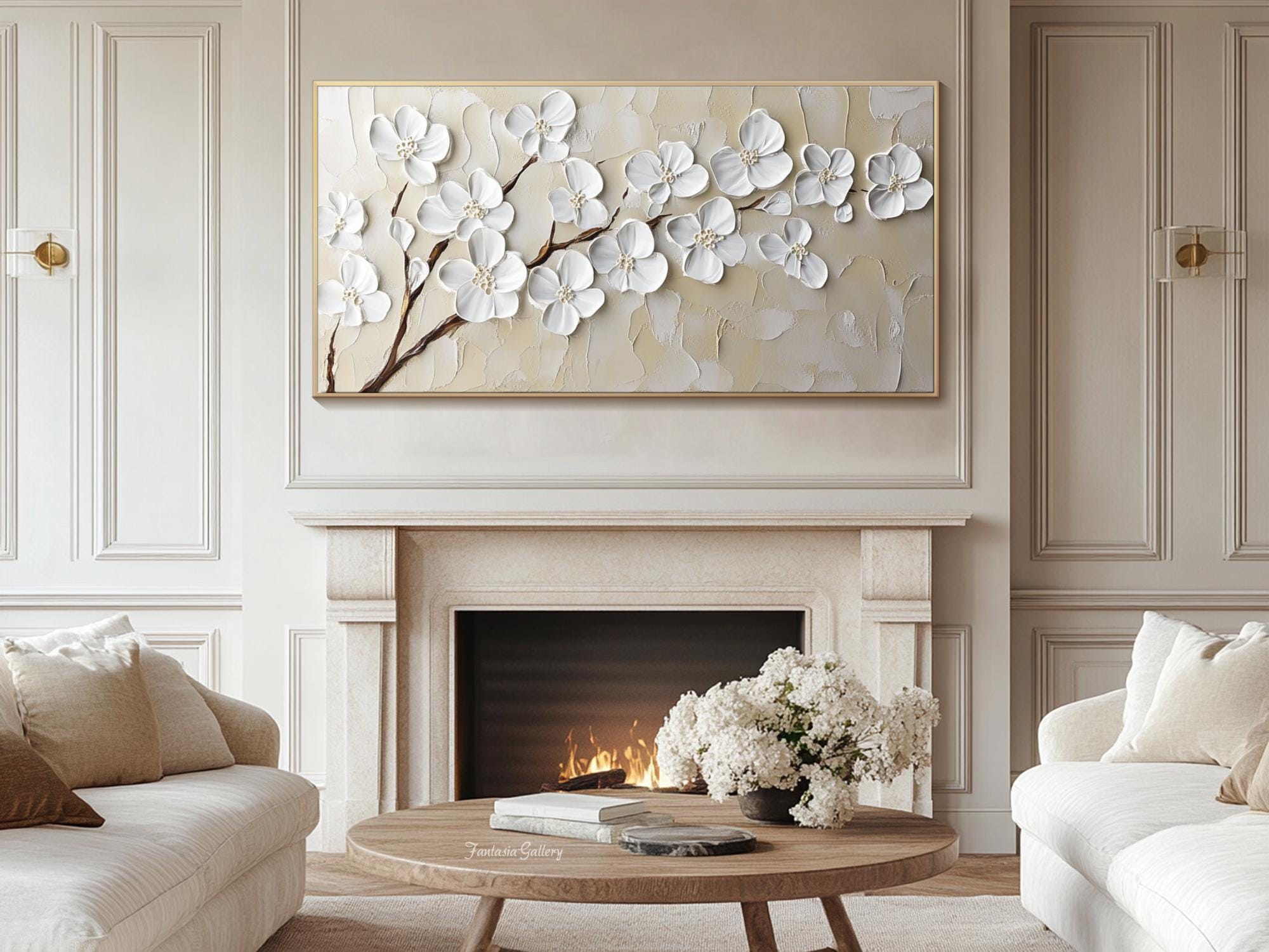3d White Texture Floral Wall Art Abstract Vintage Oil Painting on ...
