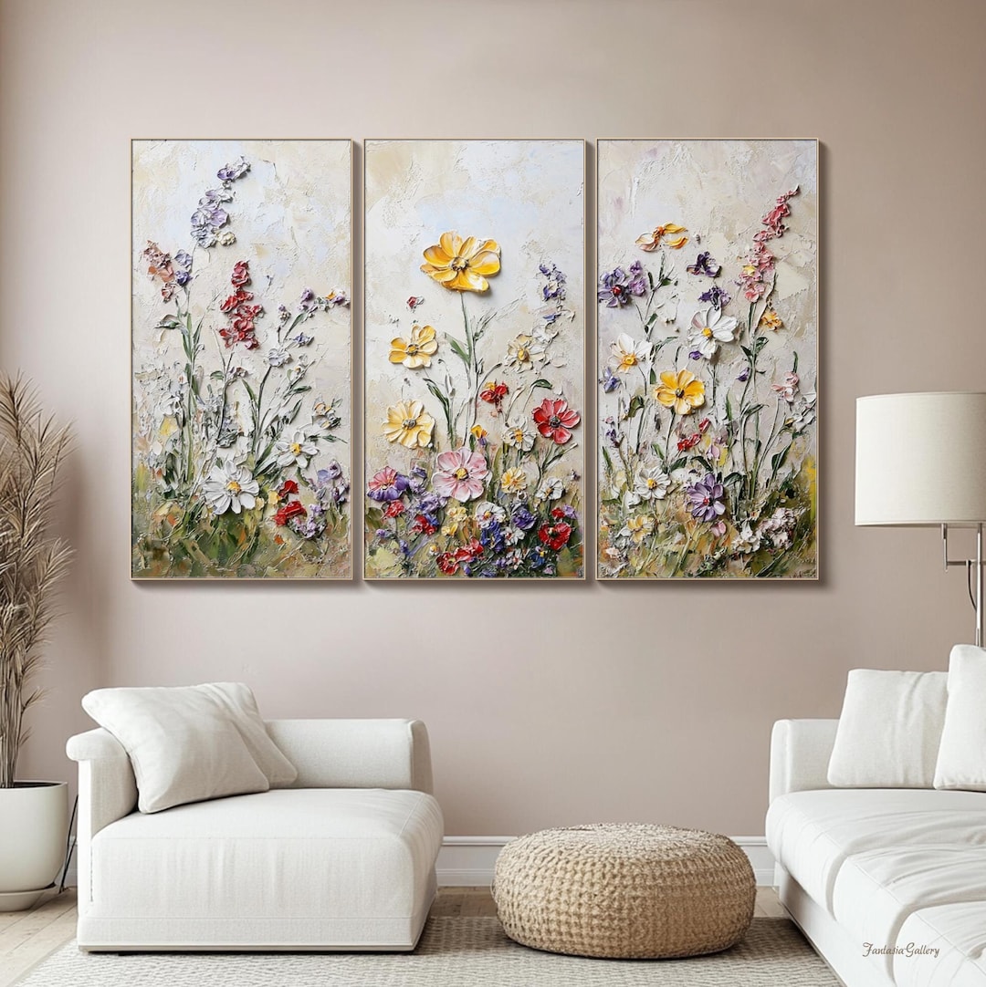 Abstract Triptych Wall Art 3d Colorful Textured Floral Wall Decor ...