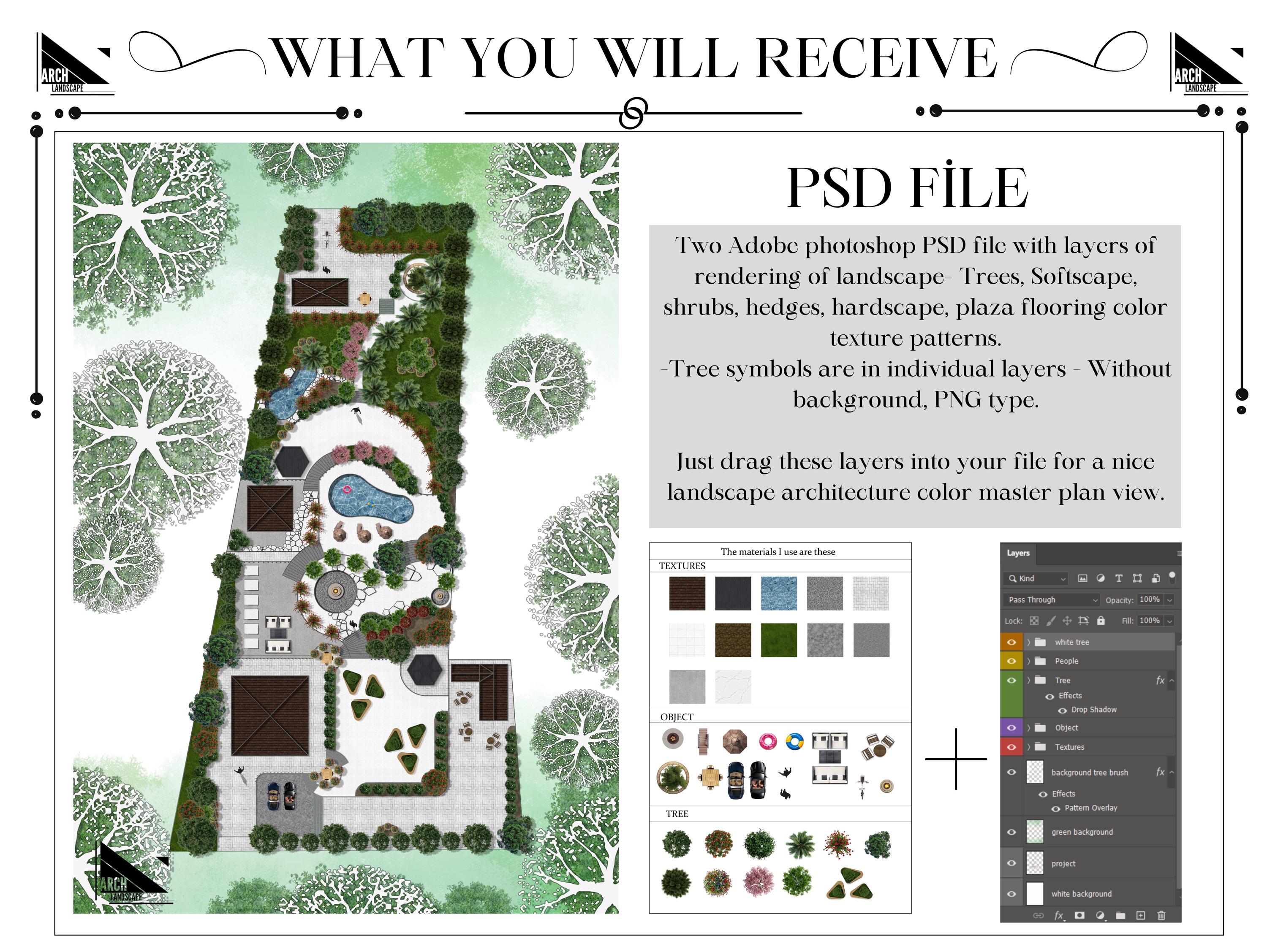 Landscape Architecture Master Plan PSD: Trees, Hardscape, Textures ...