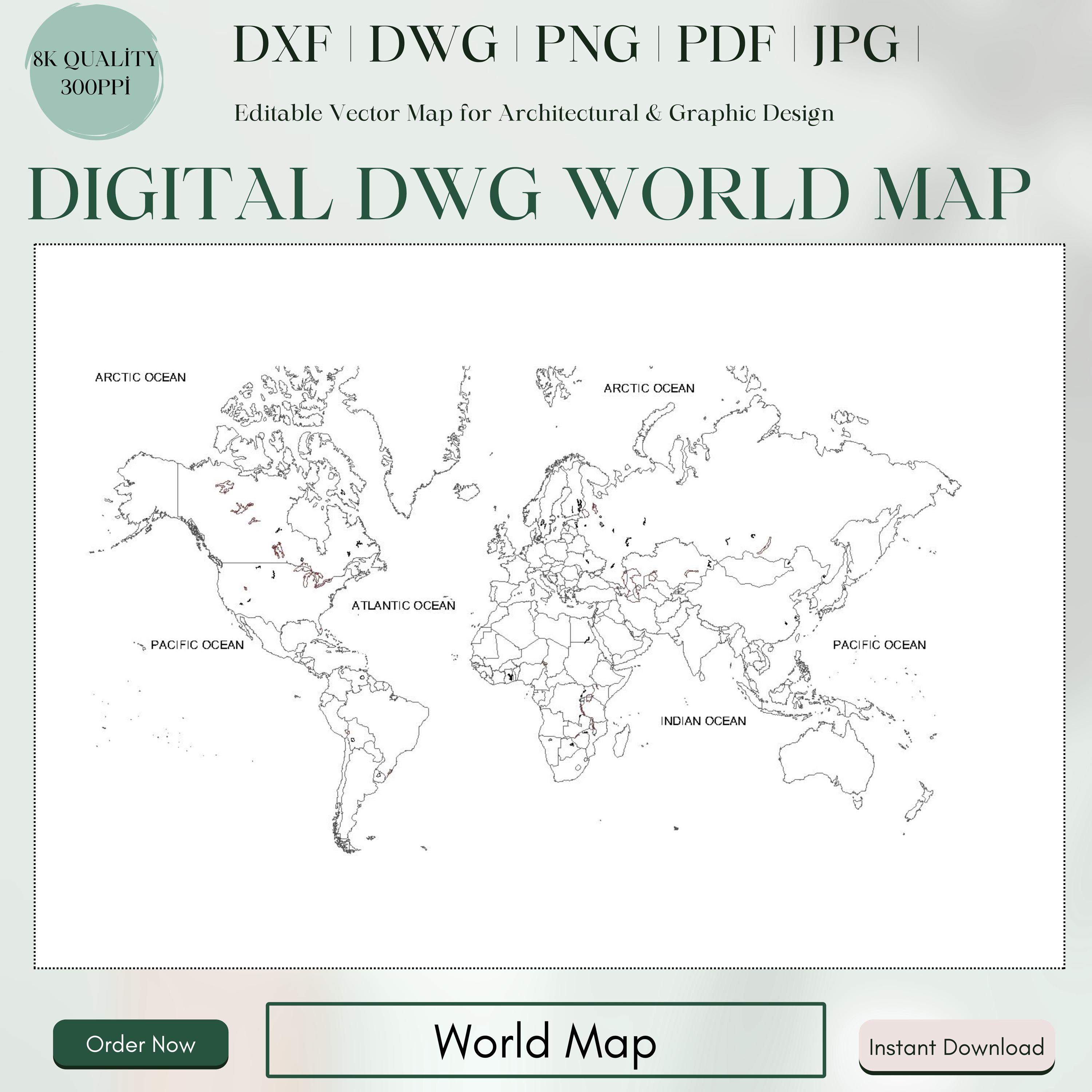 Digital DWG World Map | Dxf, Dwg, Png, Pdf, Jpg | Editable Vector Map ...