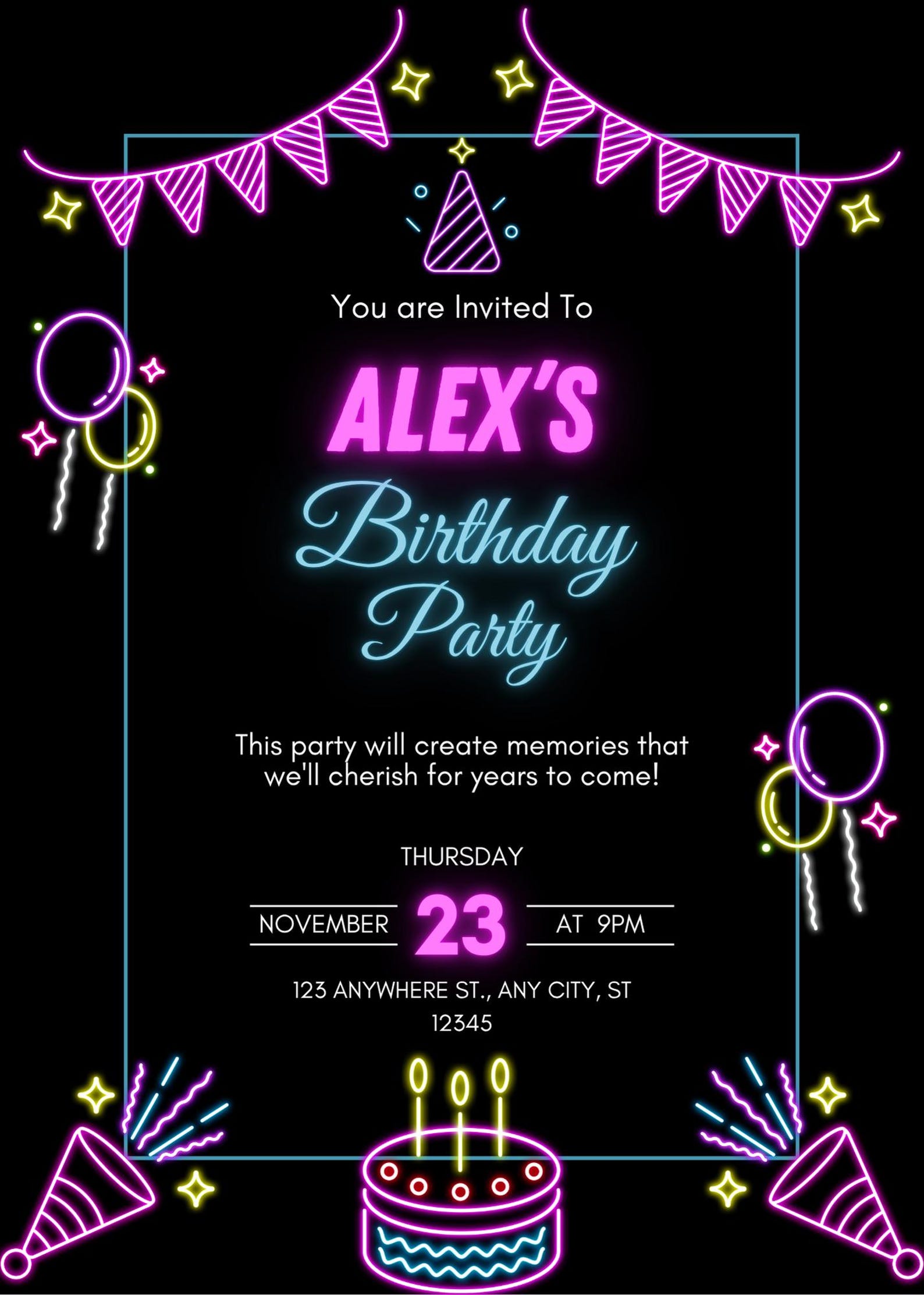 Neon Birthday Invitation - Editable Canva Template - Etsy
