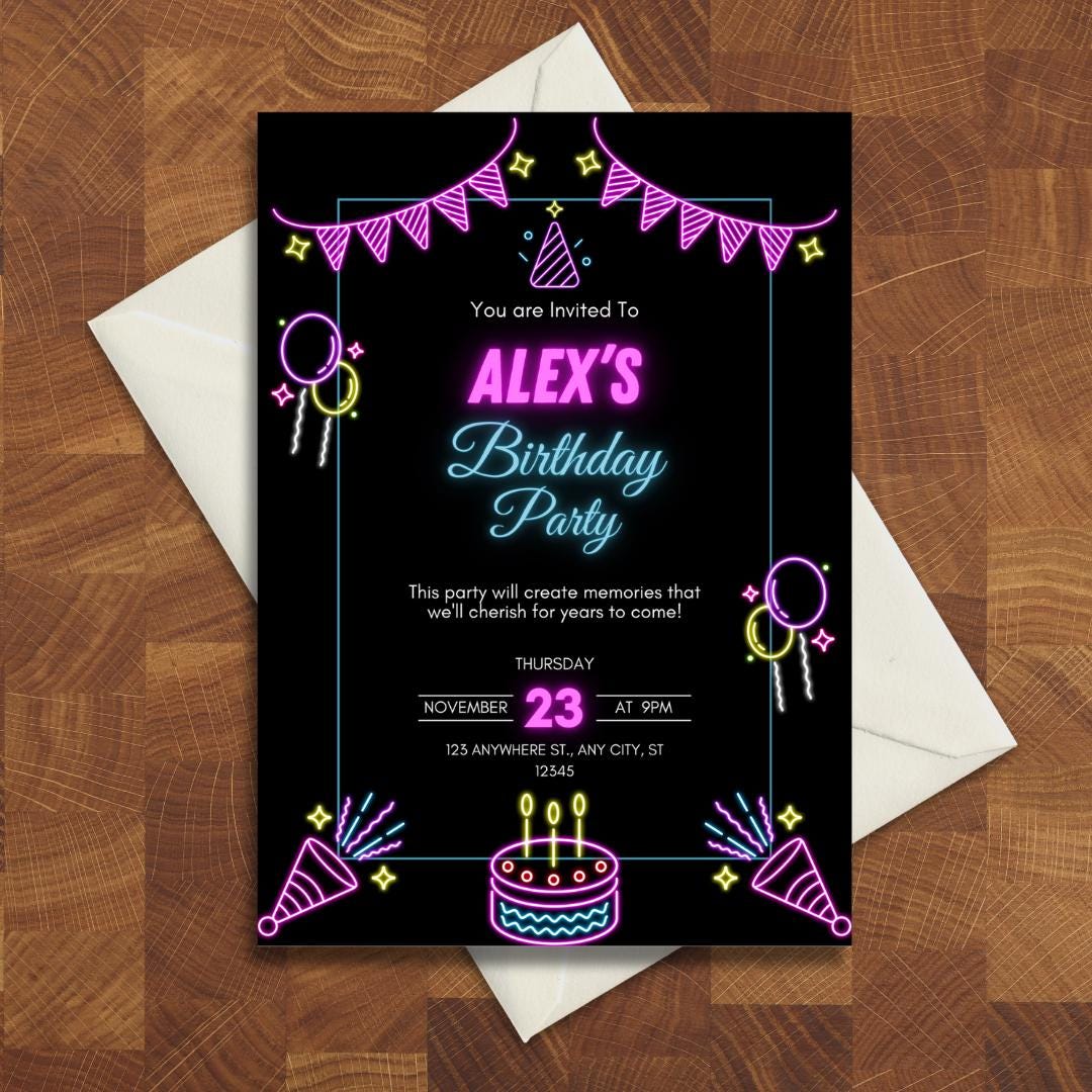 Neon Birthday Invitation - Editable Canva Template - Etsy