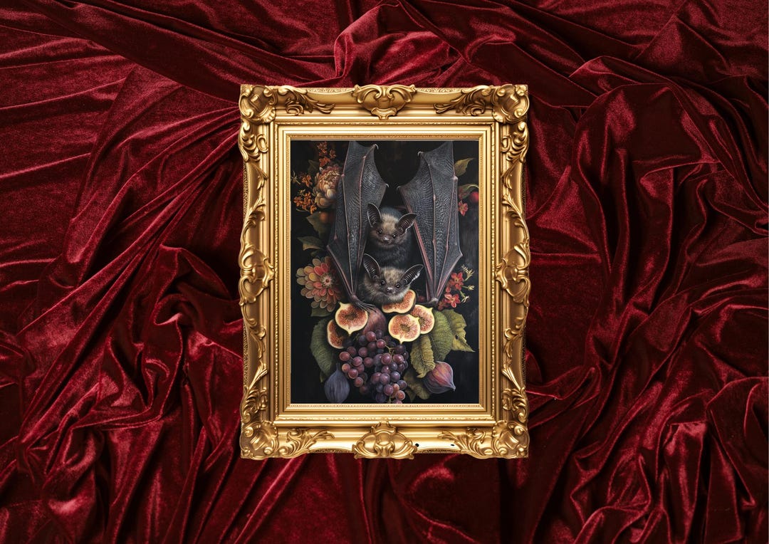 Gothic Bat Still Life With Figs and Flowers Dark Macabre Art Print ...