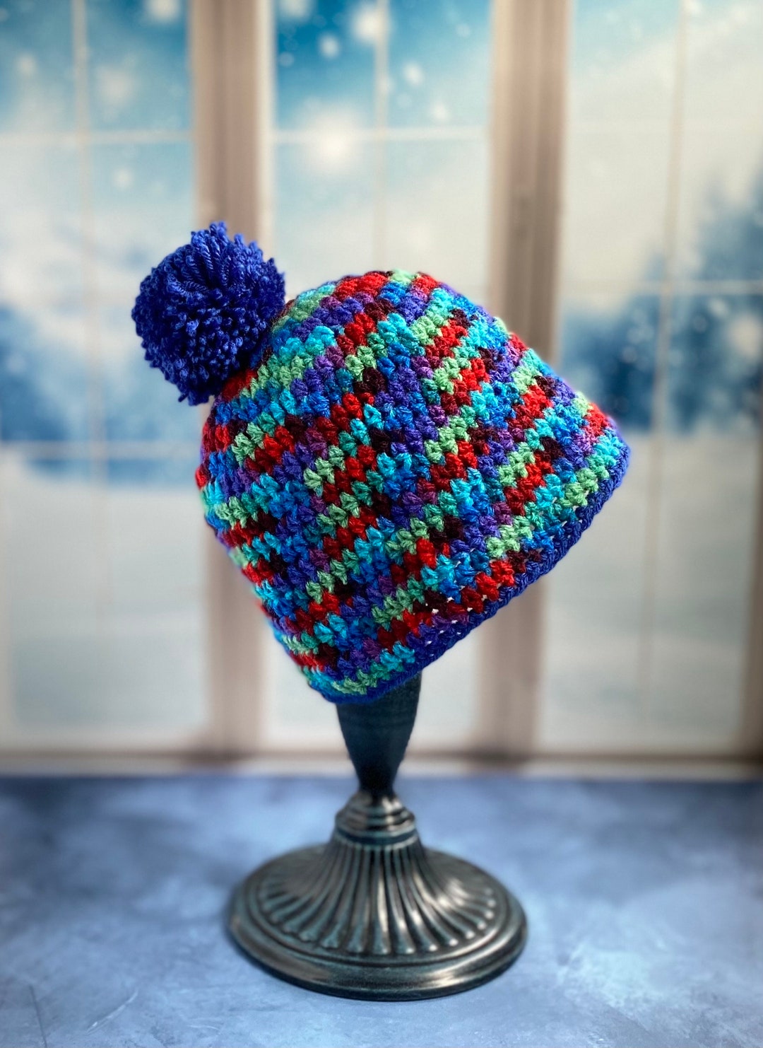 Blue, Green, and Red Multicolor Beanie With Pompom, Child or Adult Hats ...
