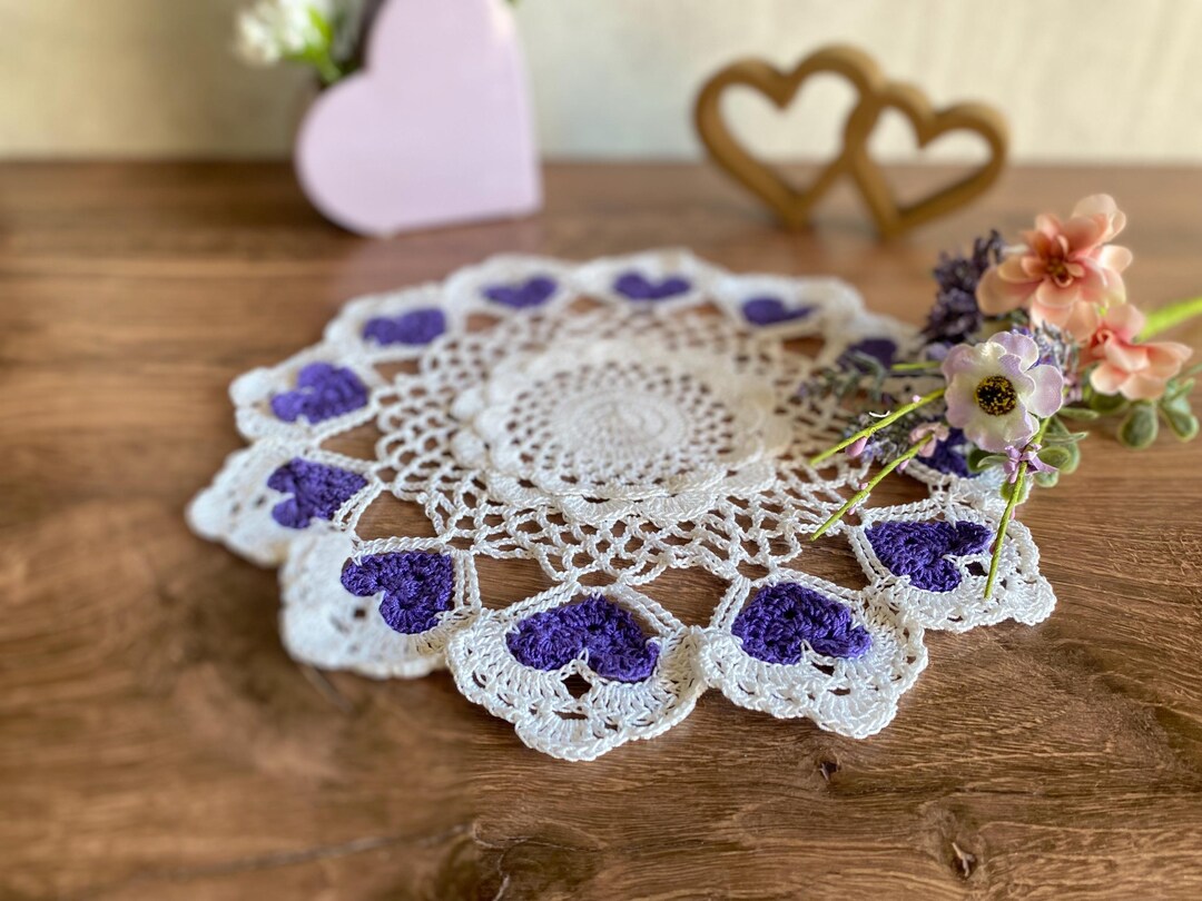 White and Purple Heart Doily, 12 Inch Round With Crocheted Hearts ...