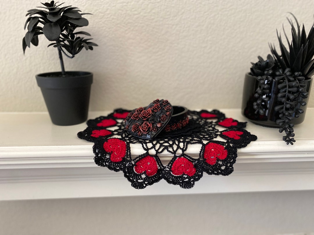 Black Doily With Red Hearts, 13 Inch Round, Romantic Handmade Gift ...